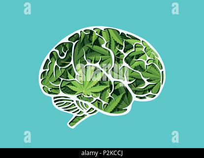 Cartoon green human brain cannabis. brain with marijuana leaves ...