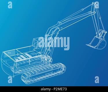 Excavator technical wire-frame. Vector rendering of 3d Stock Vector ...