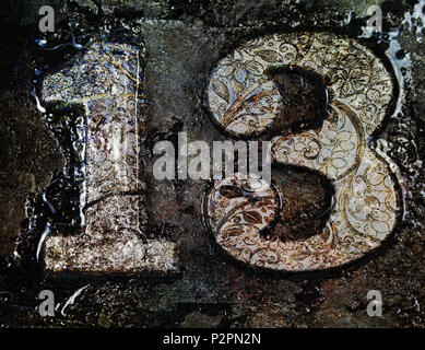 Friday the 13th horror scary grunge blood text on the dirty old wall ...