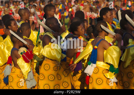 Swazi girls carrying sword parade at Umhlanga (Reed Dance Festival ...