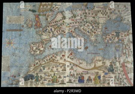 Catalan Atlas of 1375, detail of North Africa and Europe, reproduction ...