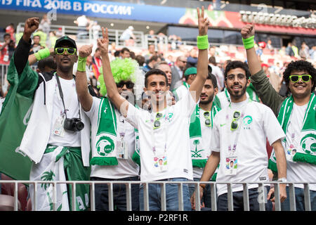 Saudi Arabian fans cheering for their team during its 2-1 group stage ...