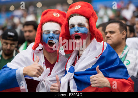 Saudi Arabian fans cheering for their team during its 2-1 group stage ...