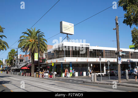 St. Kilda architecture on Acland Street with reflections after rain in ...