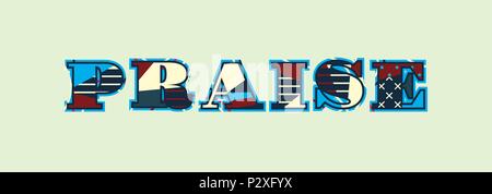 The word PRAISE written in colorful fragmented word art on a vibrant ...