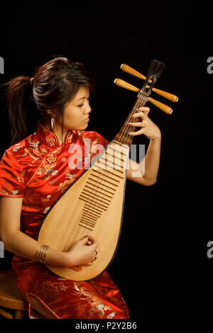 Chinese Pipa, close-up of the frets, or short-necked lute, tradtional ...