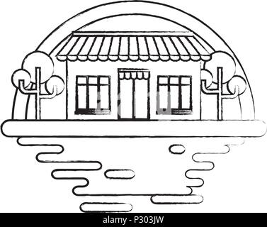 store and trees over landscape and white background, colorful design ...