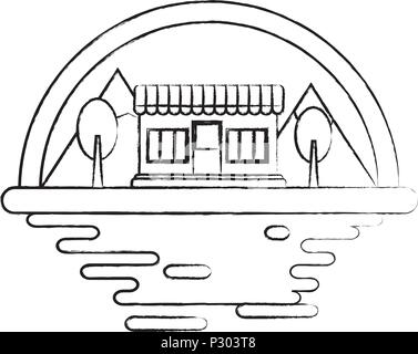 store and trees over landscape and white background, colorful design ...