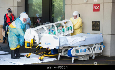 A simulated Ebola patient in an isolation pod is removed from an ...