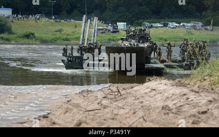 British Army M3 Amphibious Rig crossing water obstacle during exercise ...
