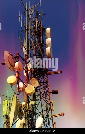 Telecommunication tower Antenna with fire and flames effects Stock ...