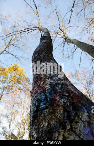 A vertical shot of a tree trunk with a painted sign of a bicycle on it ...