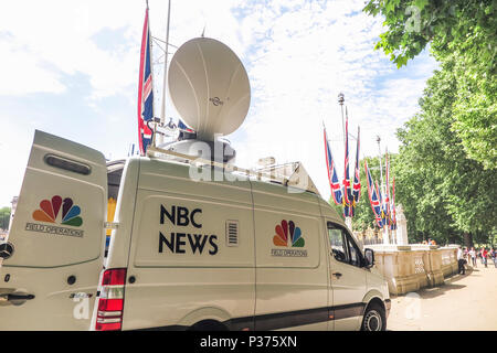 An NBC news van outside Buckingham Palace, submitting a news broadcast ...