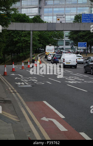Leeds, UK, 18th June 2018. Traffic chaos in Leeds due to a burst water ...