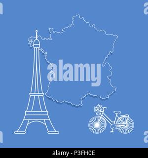 Map of France, bicycle with a basket of flowers, pigeons. Travel and ...