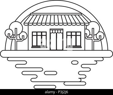 shop and trees over landscape and white background, colorful design ...