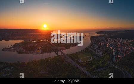 Aerial panorama drone view of Asparuhov bridge and Varna city, Bulgaria ...