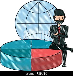 cartoon businessman sitting on pie chart over global sphere and white ...