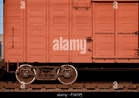 Detailed photo of railway freight car. A fragment of the component ...