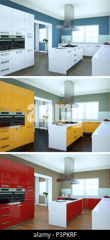 Three color variations of a modern kitchen with a beautiful design ...
