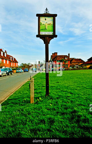 England, Kent, Benenden, Village Sign with distant Village Hall and The ...