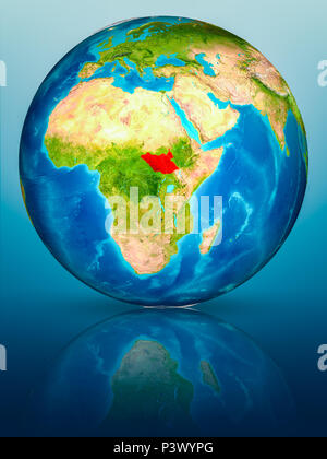 Sudan in red on model of planet Earth on reflective blue surface. 3D illustration. Elements of ...