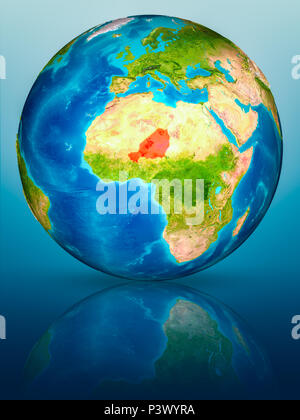 Niger in red on model of planet Earth as seen from orbit. 3D illustration with detailed planet ...