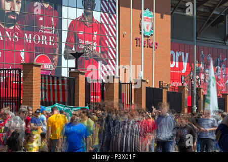 Multiple exposure image of football fans outside Anfield Liverpool for ...