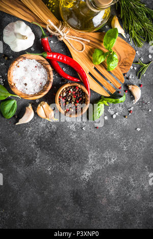 Cooking utensils and ingredients on wooden table. Flat lay with copy ...
