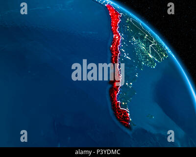 Satellite view of Chile highlighted in red on planet Earth at night ...