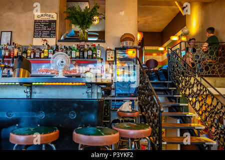 Berlin Prenzlauer Berg. Haliflor Bar & cafe interior. Elderly man ...