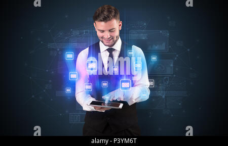 Mailing concept on a tablet with spectacled businessman on the ...