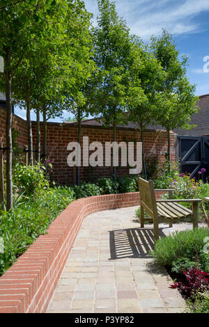 Overview of garden patio with Pyrus calleryana 'Chanticleer' screening ...