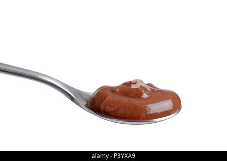 Spoon of delicious chocolate pudding isolated on white background Stock ...
