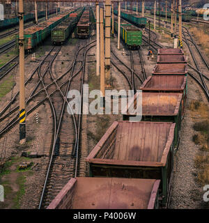 Top view of rail sorting freight station with freight cars, with many ...