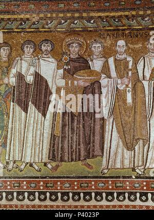 Emperor Justinian I and his court early 6th century mosaic San Vitale ...