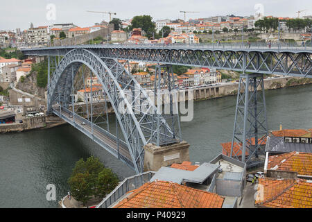 Centre of Porto, with the Luis I Bridge, a double-deck metal arch ...