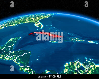 Satellite night view of Cuba highlighted in red on planet Earth with ...