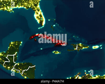 Cuba in red with visible country borders from space. 3D illustration ...