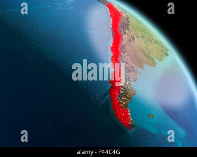 Satellite view of Chile highlighted in red on planet Earth at night ...