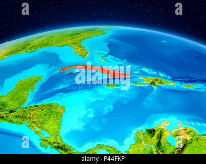 Satellite view of Cuba highlighted in red on planet Earth at night with ...