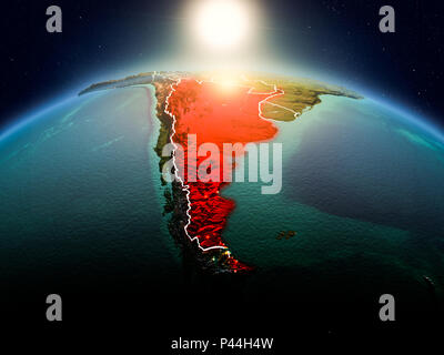 Sunrise above Argentina highlighted in red on model of planet Earth in space. 3D illustration ...