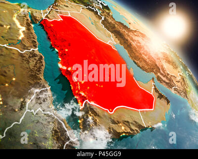 Night above Saudi Arabia highlighted in red on model of planet Earth in ...