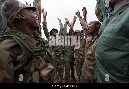 Gabonese Armed Forces soldiers cheer alongside U.S. military during a ...