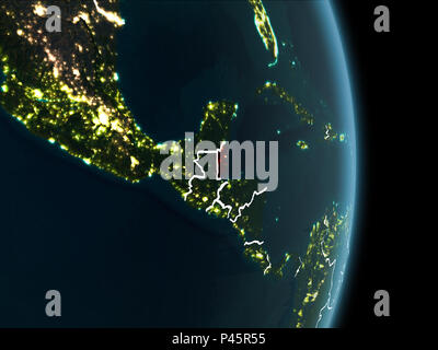 Map of Belize in red on blue political globe with transparent oceans ...