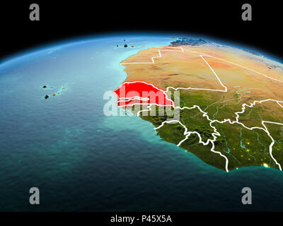 Night above Senegal highlighted in red on model of planet Earth in ...