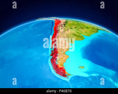 Satellite view of Chile highlighted in red on planet Earth at night ...