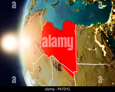 Satellite view of Libya highlighted in red on planet Earth with visible ...