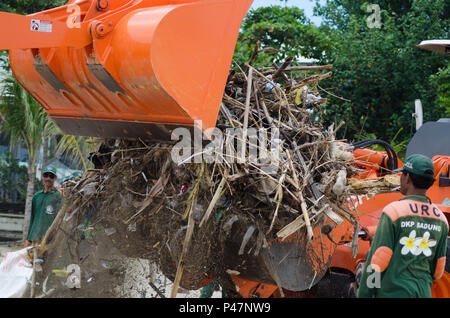 cleaning up trash in Kuta Beach, Bali Indonesia. Kuta is one of the ...