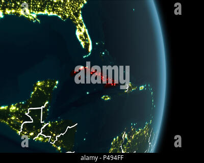 Night map of Cuba as seen from space on planet Earth. 3D illustration ...